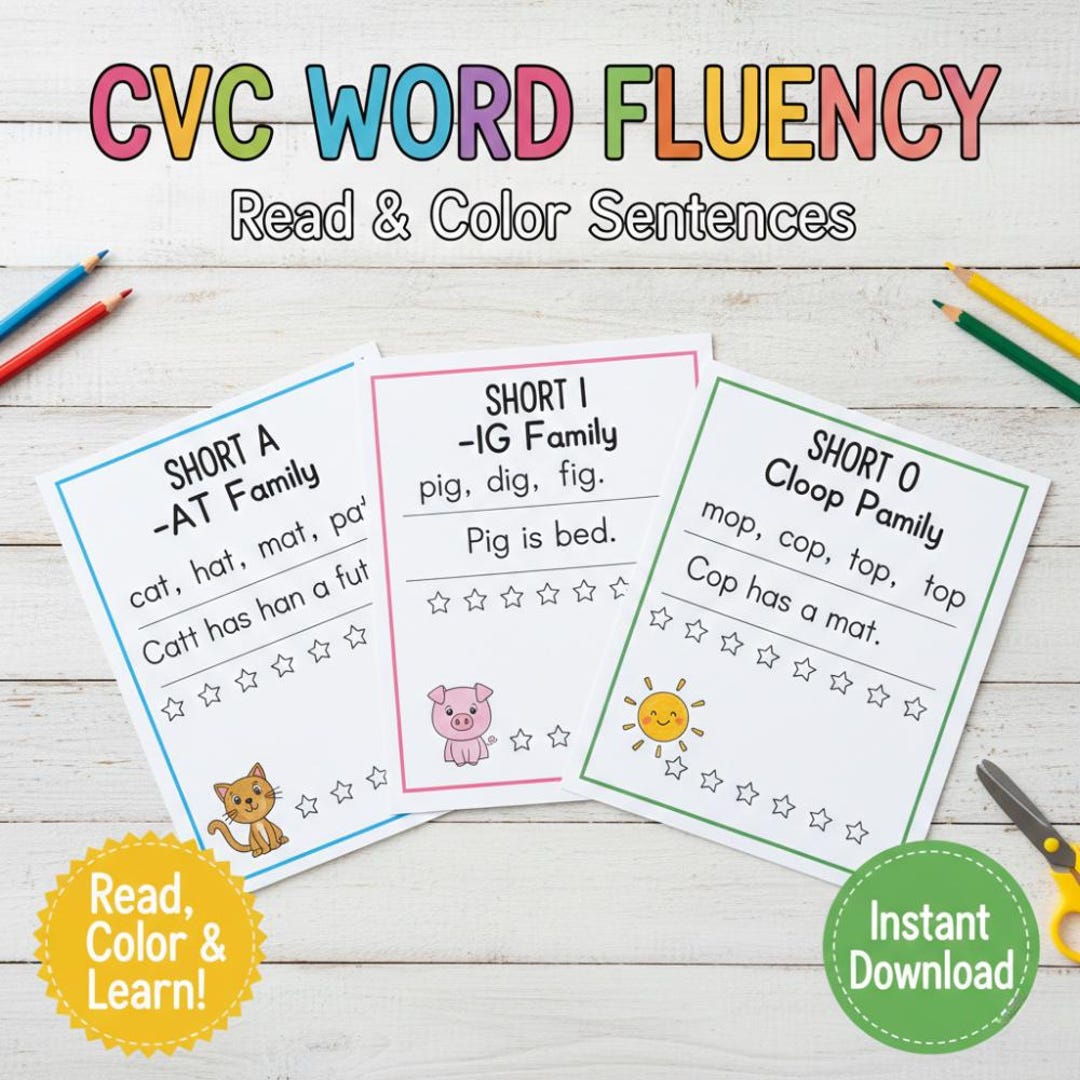 CVC Word Fluency Sentences, Kindergarten Reading Practice, Phonics ...
