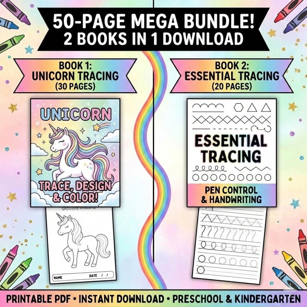 50-page Unicorn Tracing Bundle (2-in-1) | Handwriting Practice and Pen ...