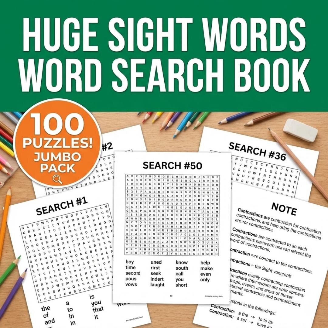 Huge Sight Words Word Search Book Printable | 102-page Jumbo Puzzle ...