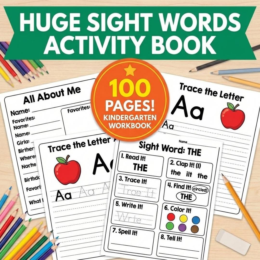 Huge Sight Words Activity Book Printable | 100-page Kindergarten ...
