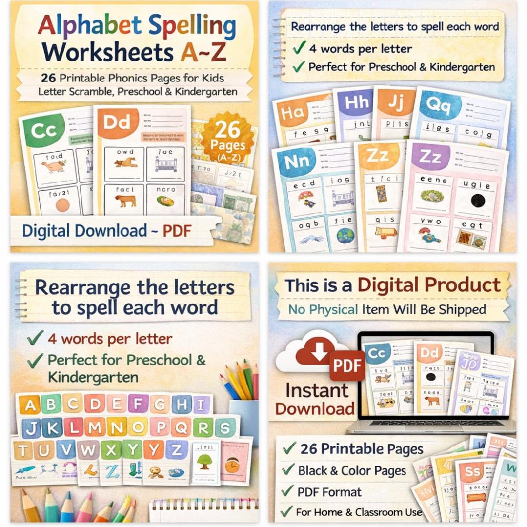 Alphabet Spelling Worksheets A–Z | 26 Printable Phonics Pages for Kids ...