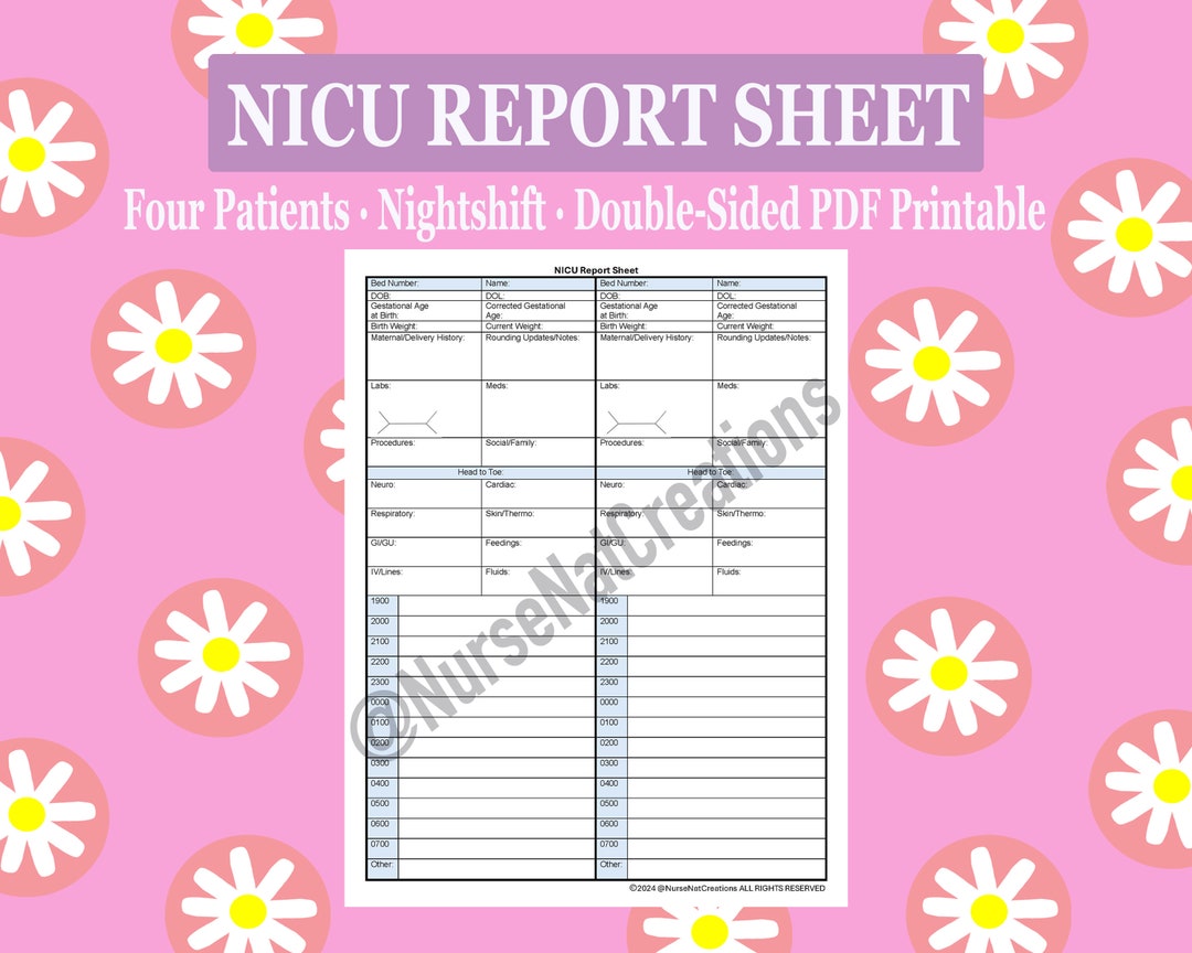 Neonatal ICU (NICU) Report Sheet - Four Patients Double-sided ...