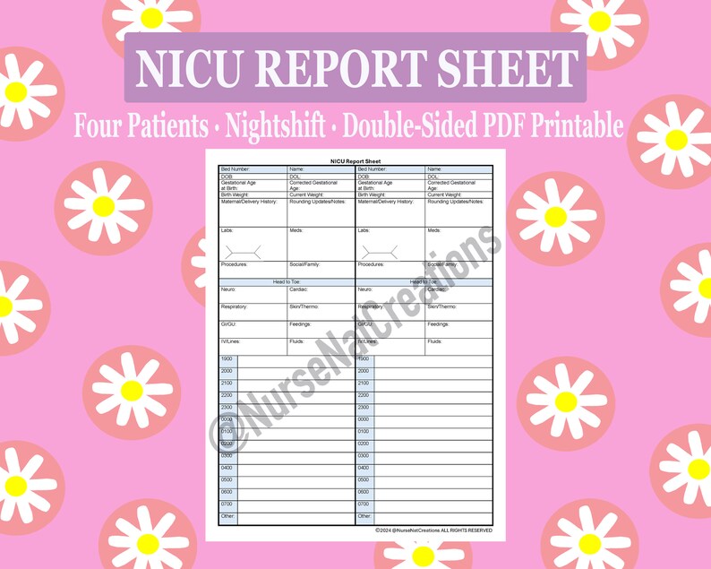 Neonatal ICU (NICU) Report Sheet - Four Patients Double-sided ...