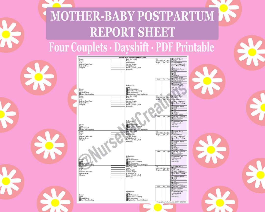 Mother-baby Postpartum Report Sheet - Four Couplets Dayshift PDF - Etsy