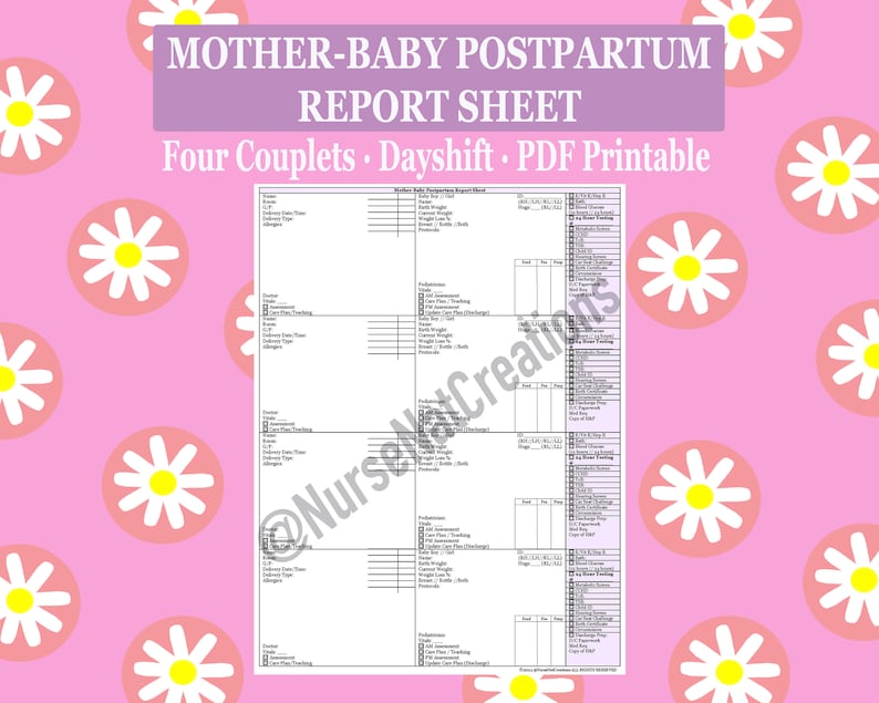 Mother-baby Postpartum Report Sheet - Four Couplets Dayshift PDF - Etsy