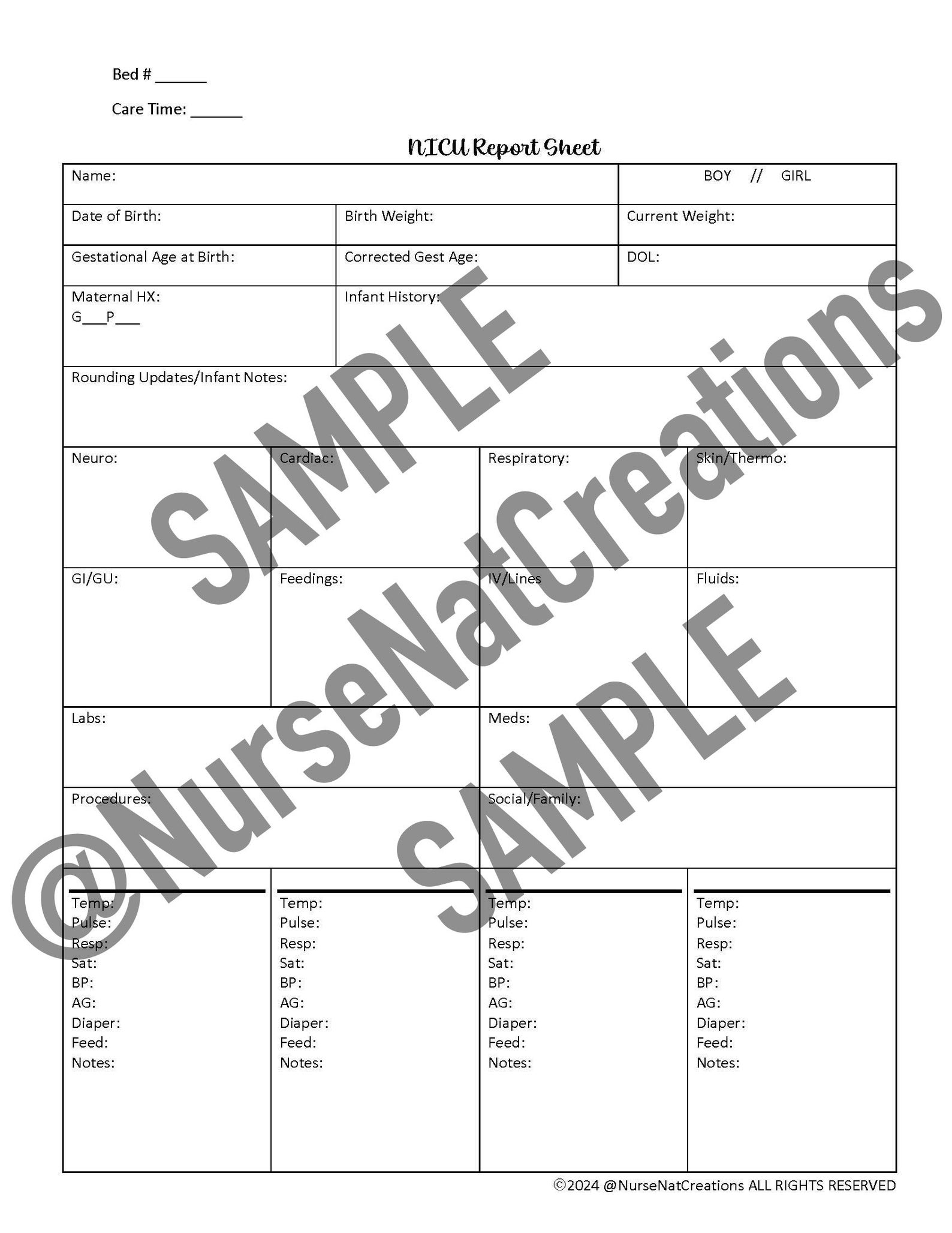 Neonatal ICU (NICU) Report Sheet - Single Patient Dayshift or ...