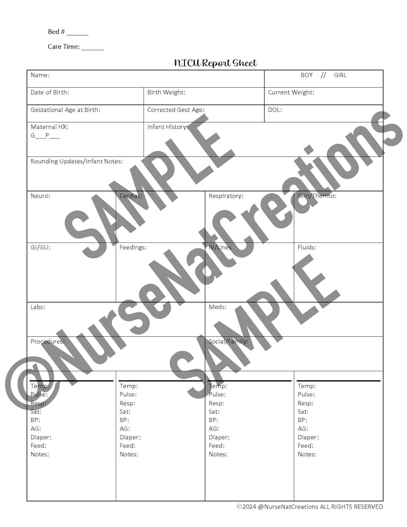 Neonatal ICU (NICU) Report Sheet - Single Patient Dayshift or ...