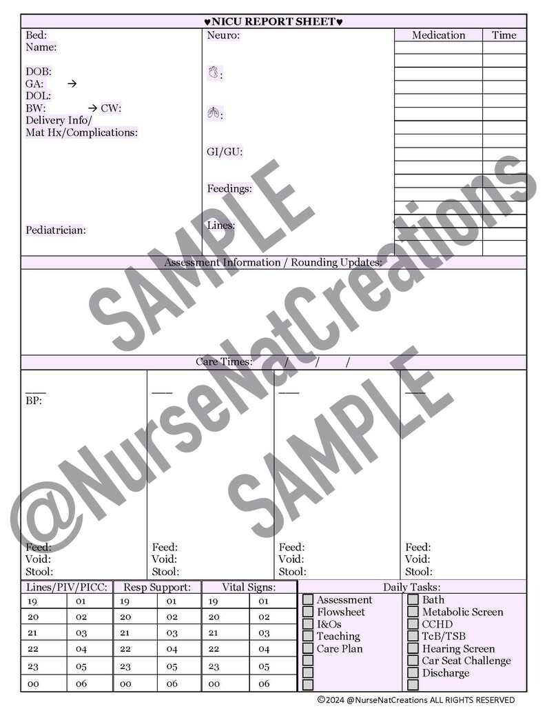 Neonatal ICU (NICU) Report Sheet - Single Patient Nightshift PDF - Etsy