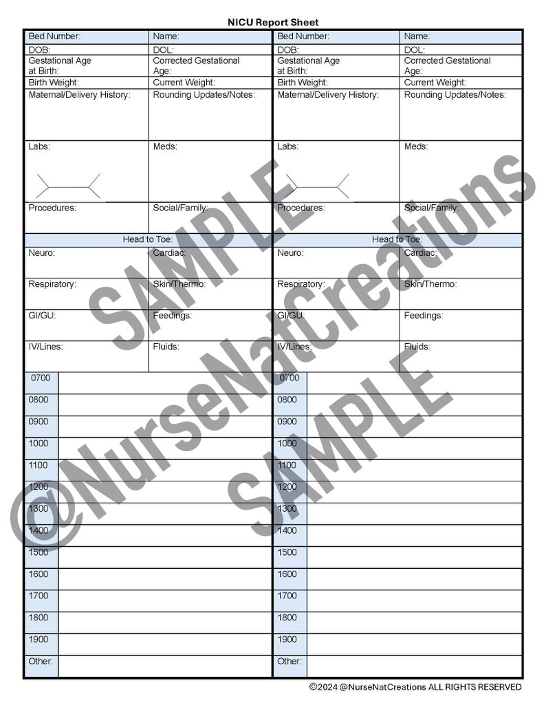 Neonatal ICU (NICU) Report Sheet - Two Patient Dayshift PDF - Etsy