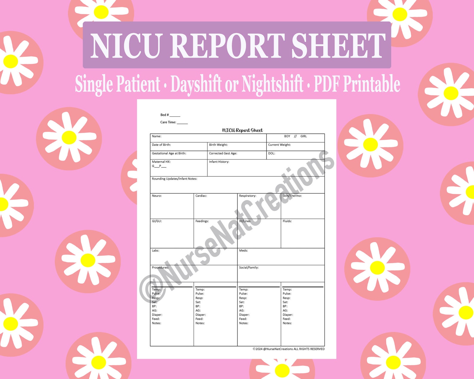 Neonatal ICU (NICU) Report Sheet - Single Patient Dayshift or Nightshift PDF - Etsy
