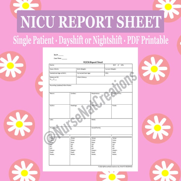 Neonatal ICU NICU Report Sheet Single Patient Dayshift or Nightshift ...