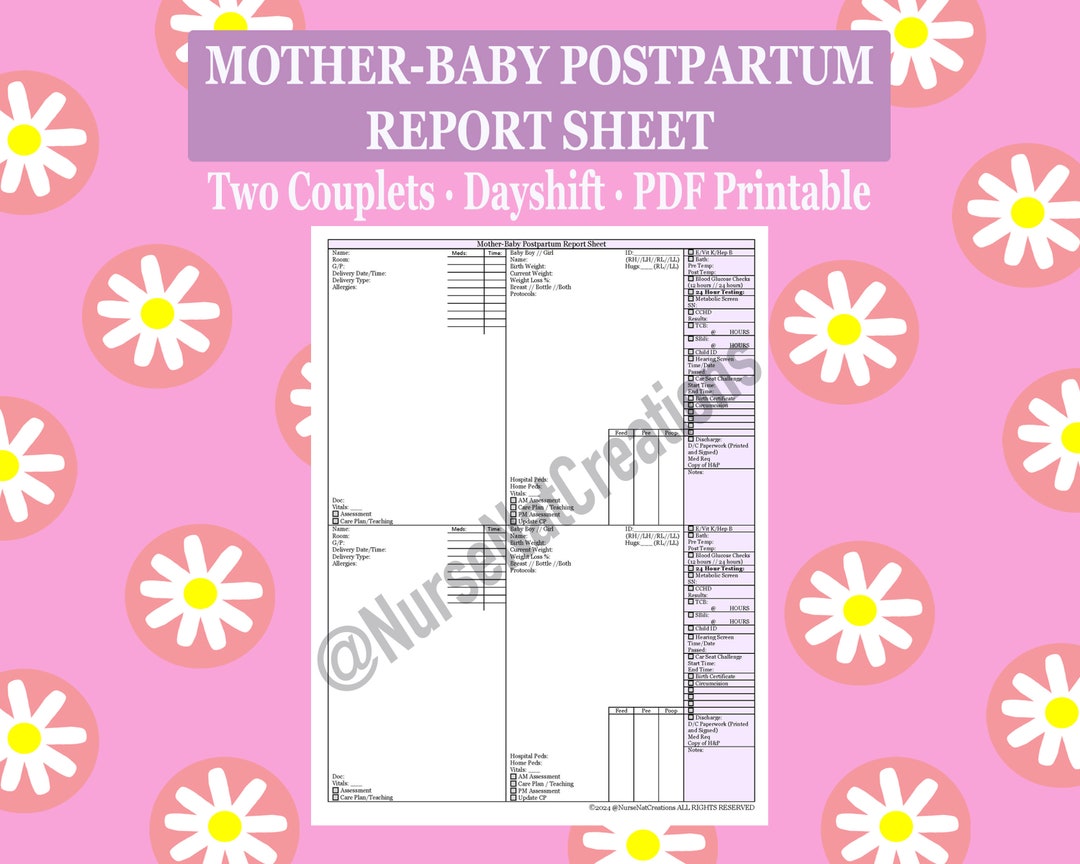 Mother-baby Postpartum Report Sheet - Two Couplets Dayshift PDF - Etsy