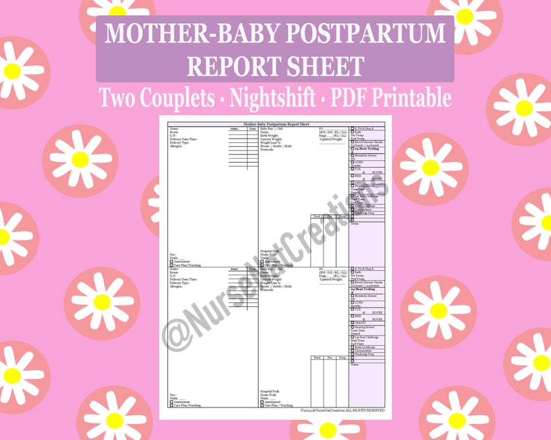Mother-baby Postpartum Report Sheet - Two Couplets Nightshift PDF - Etsy