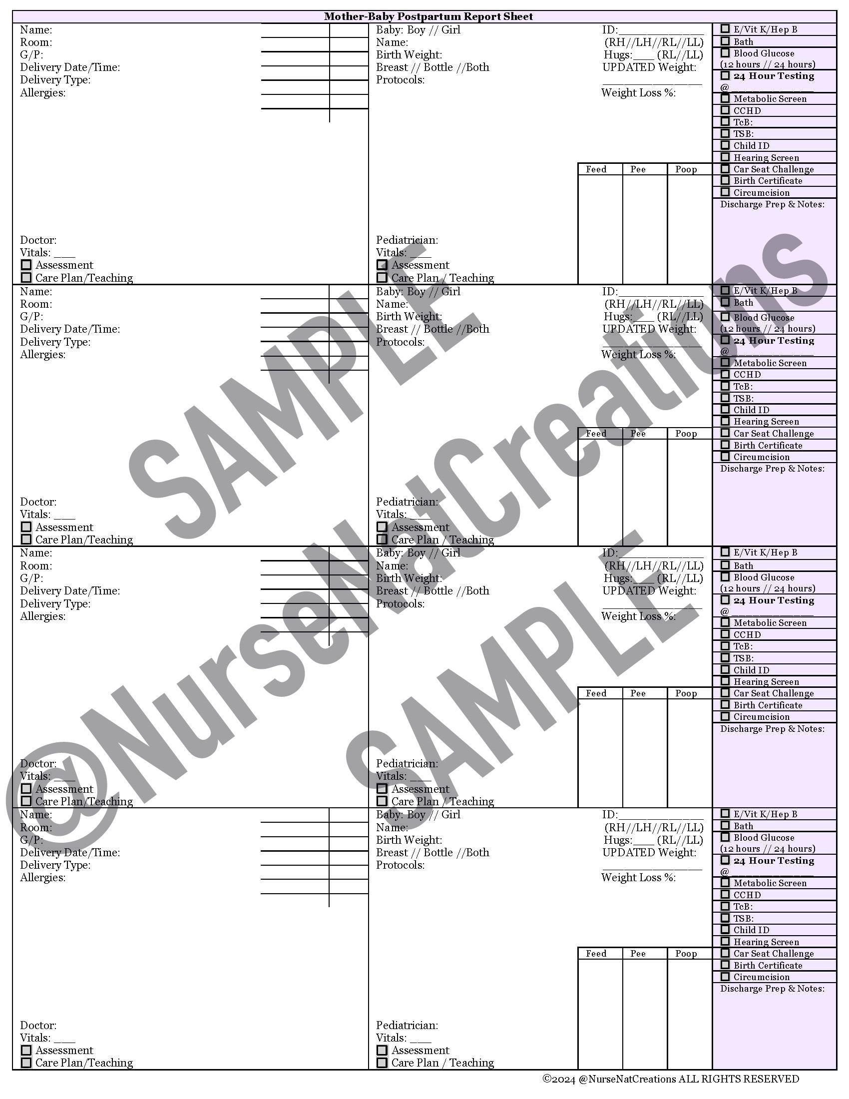 Mother-baby Postpartum Report Sheet - Four Couplets Nightshift PDF - Etsy