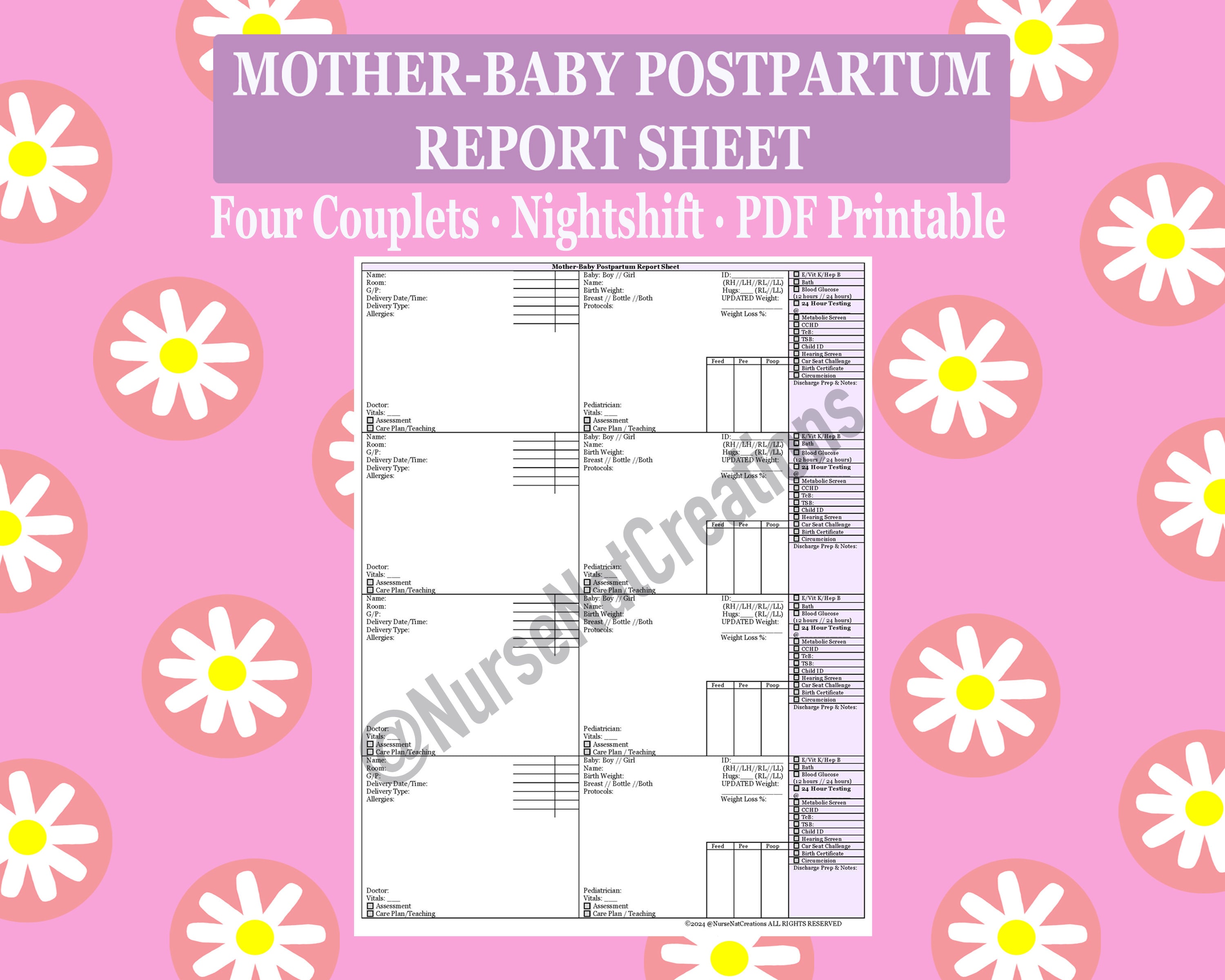 Mother-baby Postpartum Report Sheet - Four Couplets Nightshift PDF - Etsy