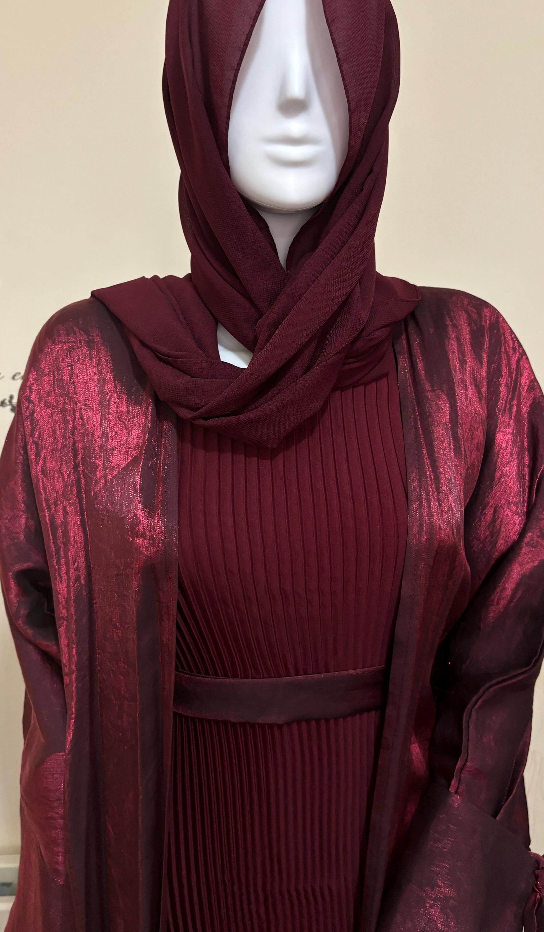 Luxury Shimmer Abaya Set, Dark Red Islamic Dress, Modest Muslim Wear - Etsy