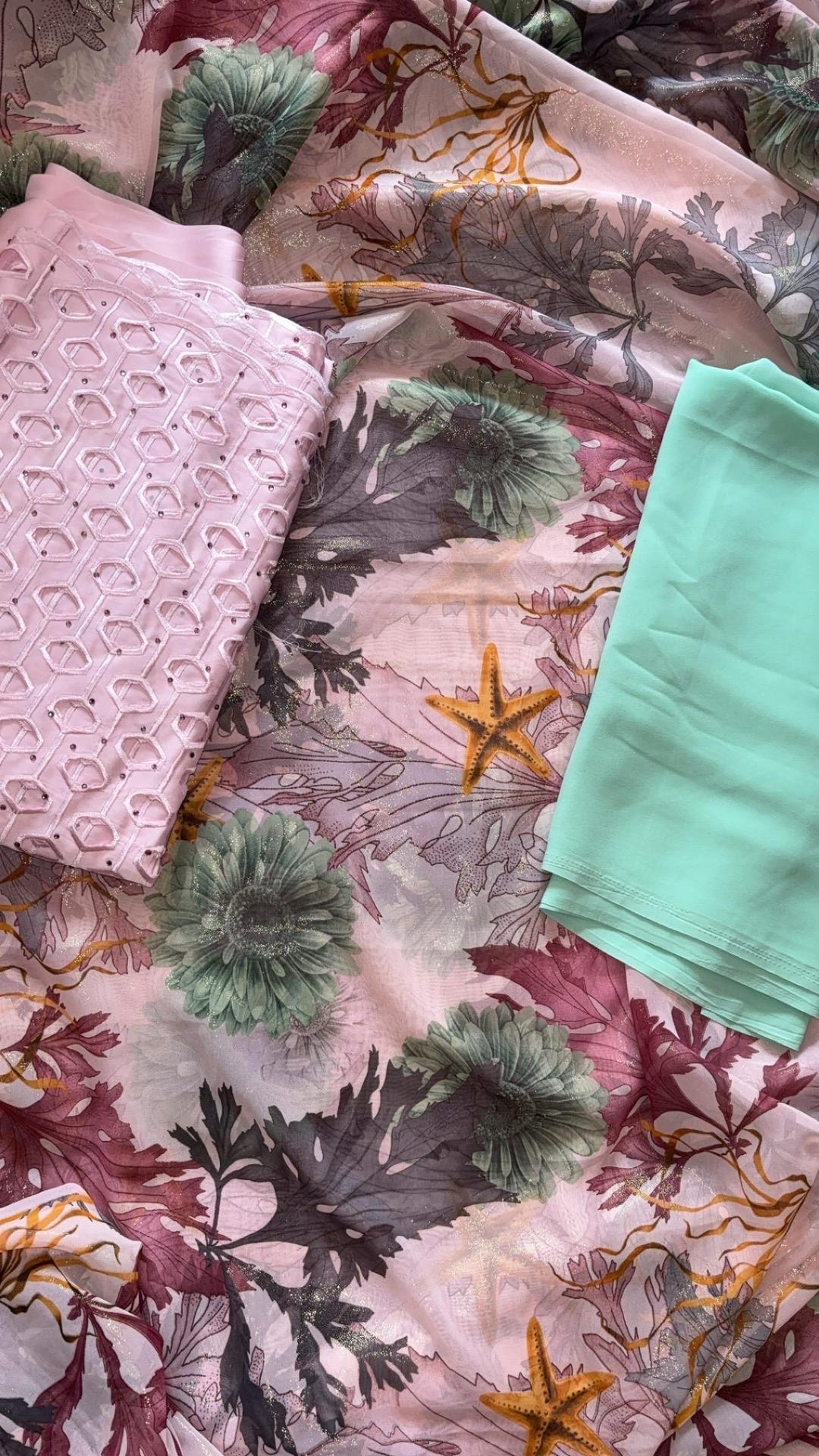 Dirac Set 3 Pieces Fabric,pink Dirac and Green Flowers Elegant Modern ...