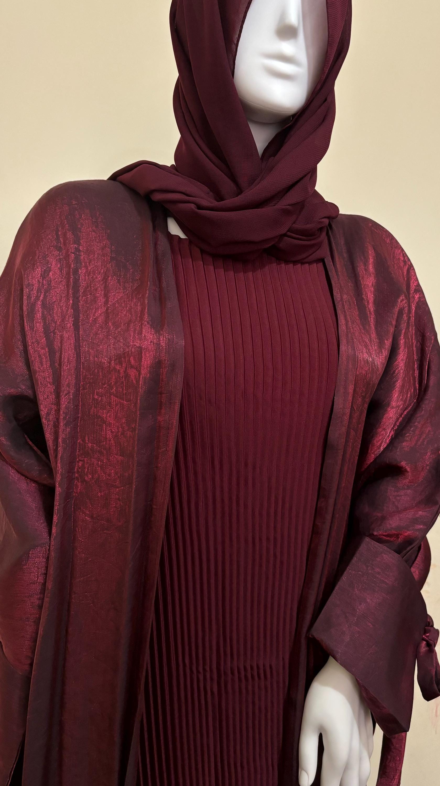 Luxury Shimmer Abaya Set, Dark Red Islamic Dress, Modest Muslim Wear - Etsy