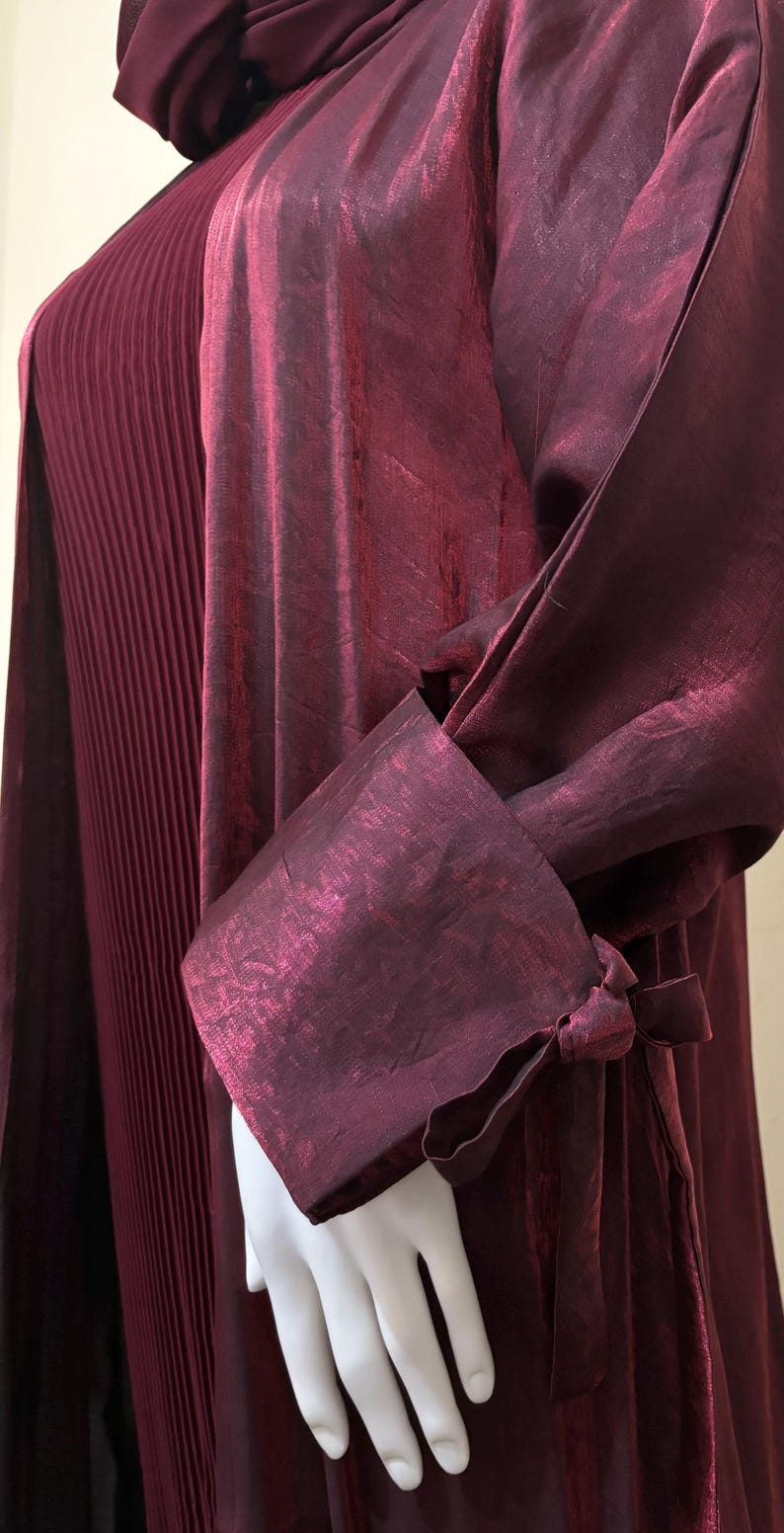Luxury Shimmer Abaya Set Three Piece, Dark Red Abaya Dubai, Islamic ...