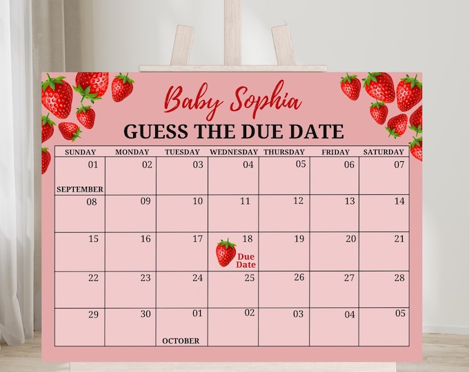 Editable Strawberry Baby Shower Due Date Calendar, Berry Sweet Baby ...