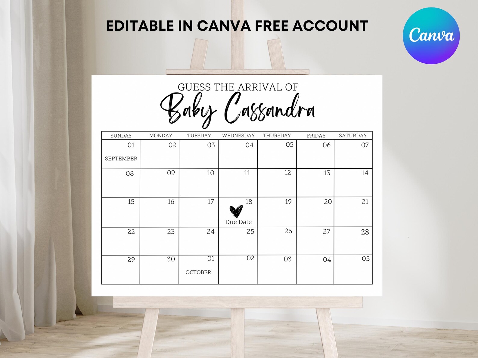 Editable Due Date Calendar, Guess Baby Arrival Date, Minimalist Baby ...