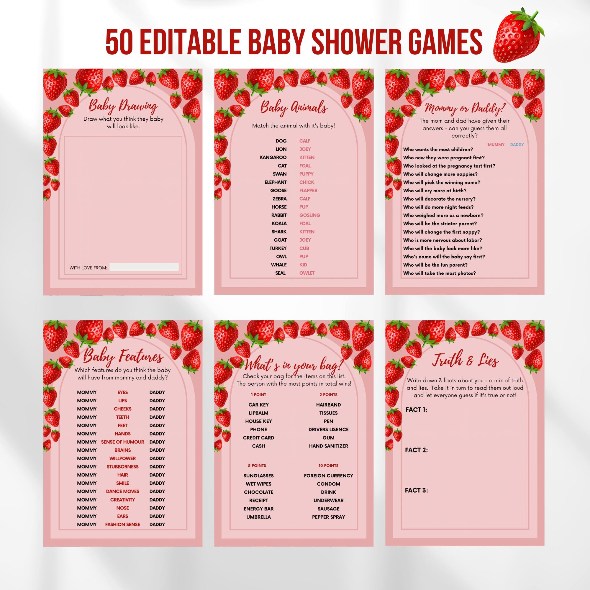 Strawberry Baby Shower Games Bundle, Berry Sweet Baby Shower Activities ...
