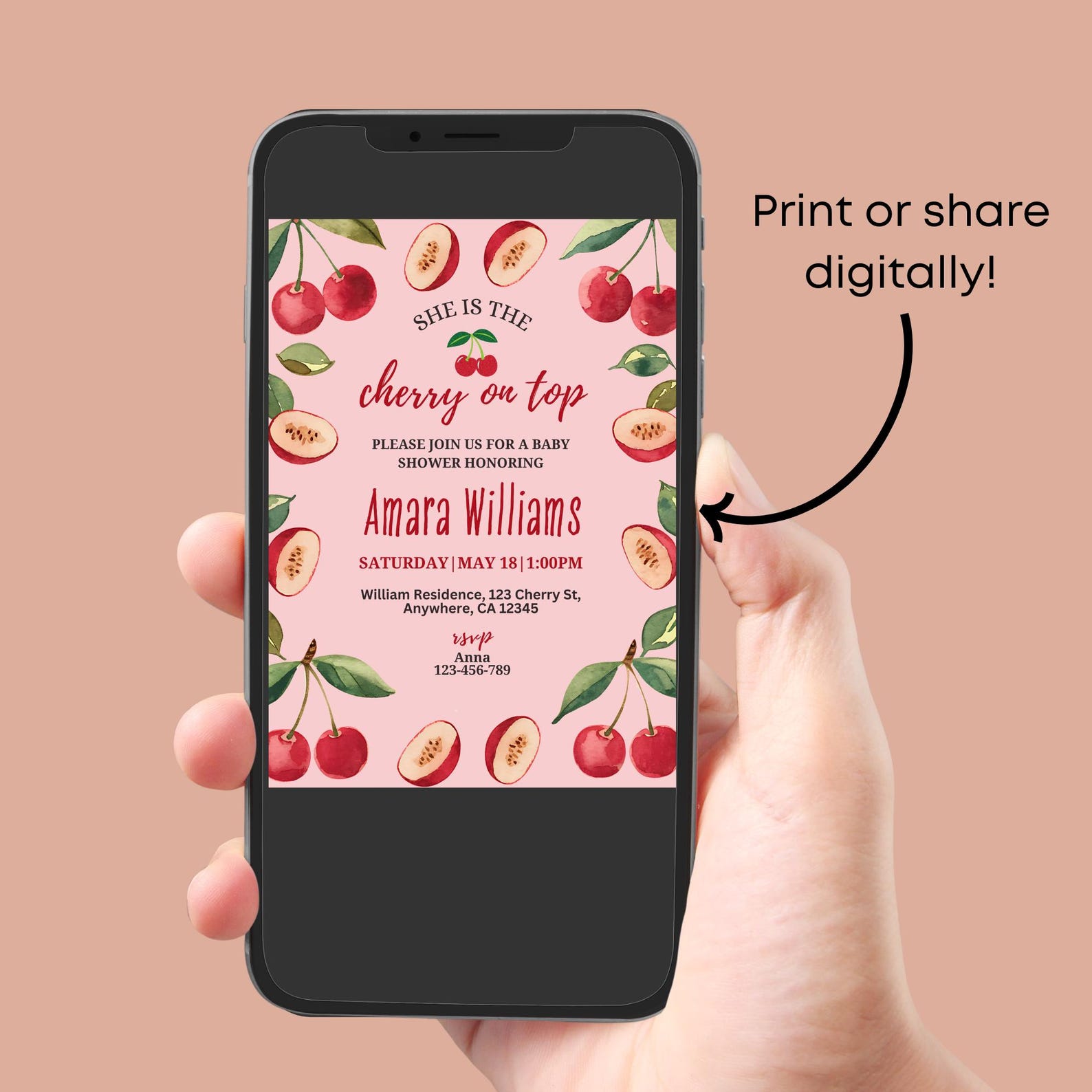 Editable Cherry Baby Shower Invitation Template, Cherry on Top, Cherry ...