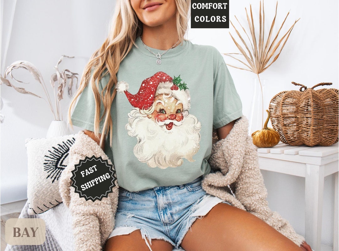 Retro Santa Shirt Comfort Colors Holiday Tshirt Christmas Tee Women's ...