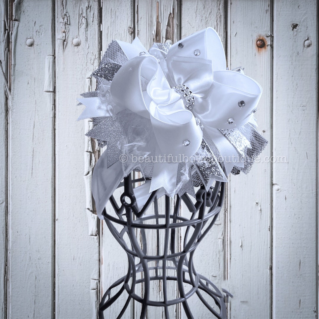White Pageant Bows Sparkle Hair Bows White and Silver Hairbows Fancy ...