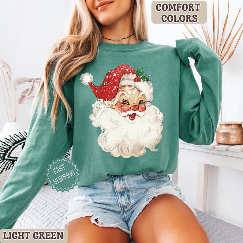 Retro Santa Long Sleeve Shirt, Christmas Comfort Colors Holiday Tee ...