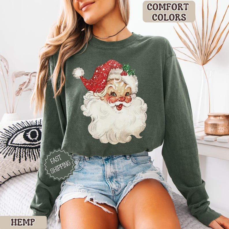 Retro Santa Long Sleeve Shirt, Christmas Comfort Colors Holiday Tee ...