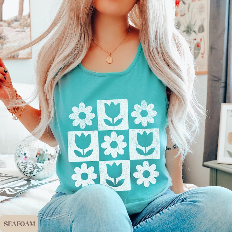 Minimalist Floral Tank Top, Retro Flower Shirt, Tulip Daisy Block Print ...