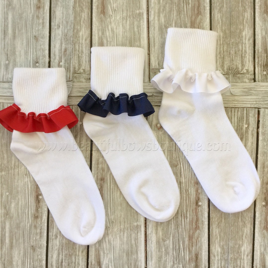 Red White Navy Blue Girls School Uniform Socks,solid Color Ribbon ...