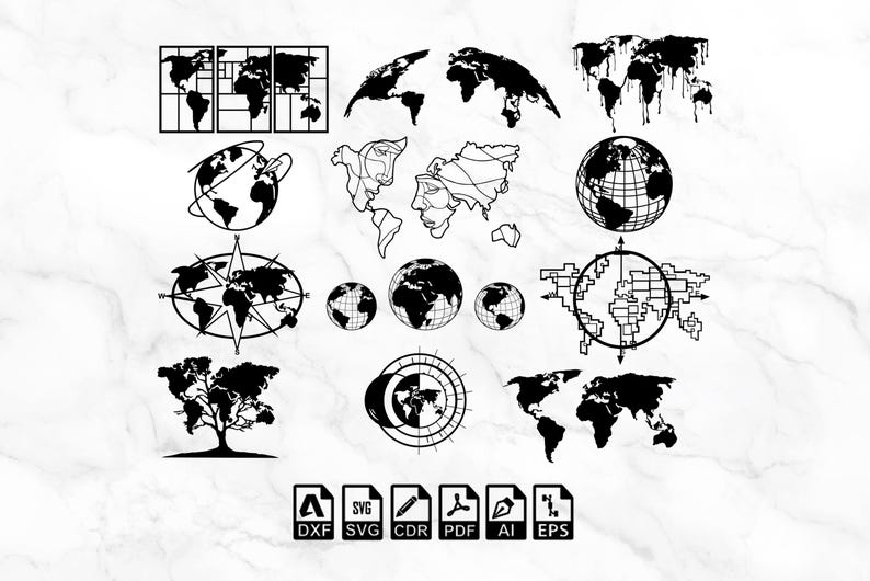 World Map Globe Laser Cut SVG DXF Files - Wall Sticker, Engraving Decal ...