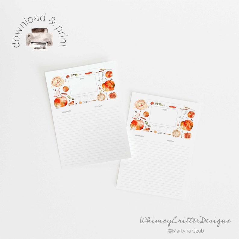 Printable Recipe Template, Blank Recipe Page, Thanksgiving, Halloween ...