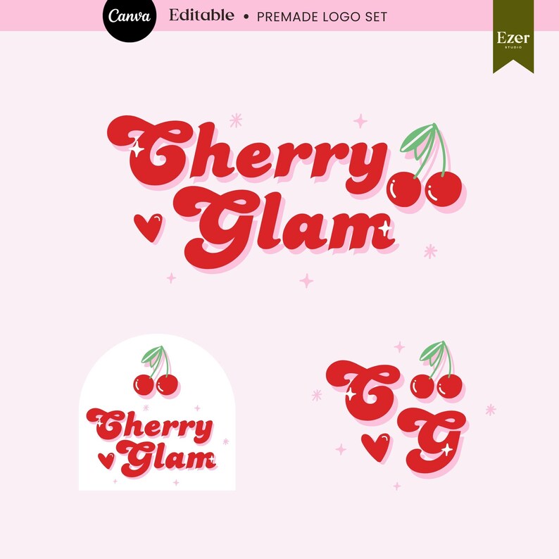 Canva Cherry Logo DIY Template | Editable Retro Logo Design | Pink ...