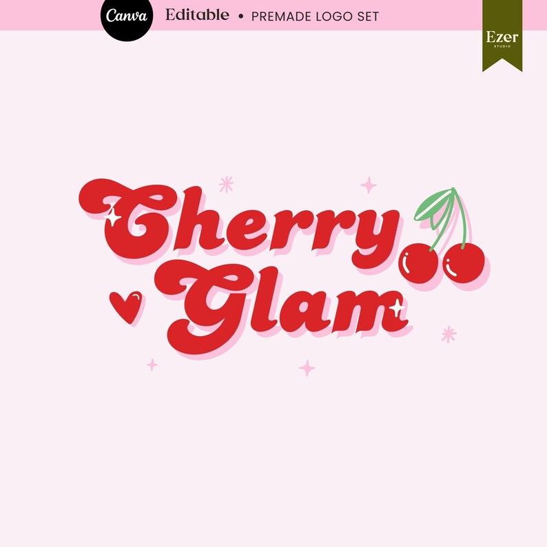Canva Cherry Logo DIY Template | Editable Retro Logo Design | Pink ...