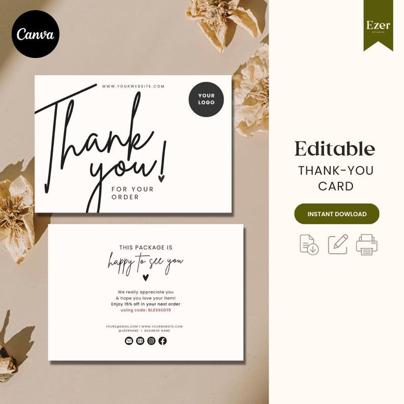 Editable Thank You Card Design | Printable Card Design | DIY Canva ...