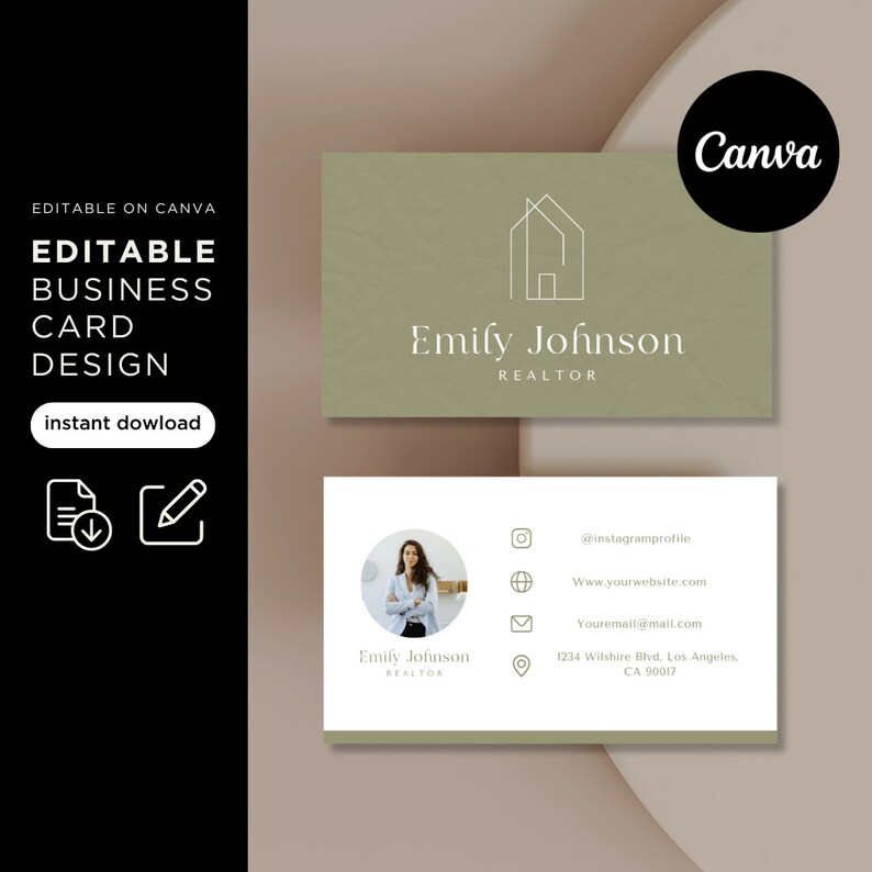 Real Estate Business Card Canva Template, Real Estate Logo Design ...