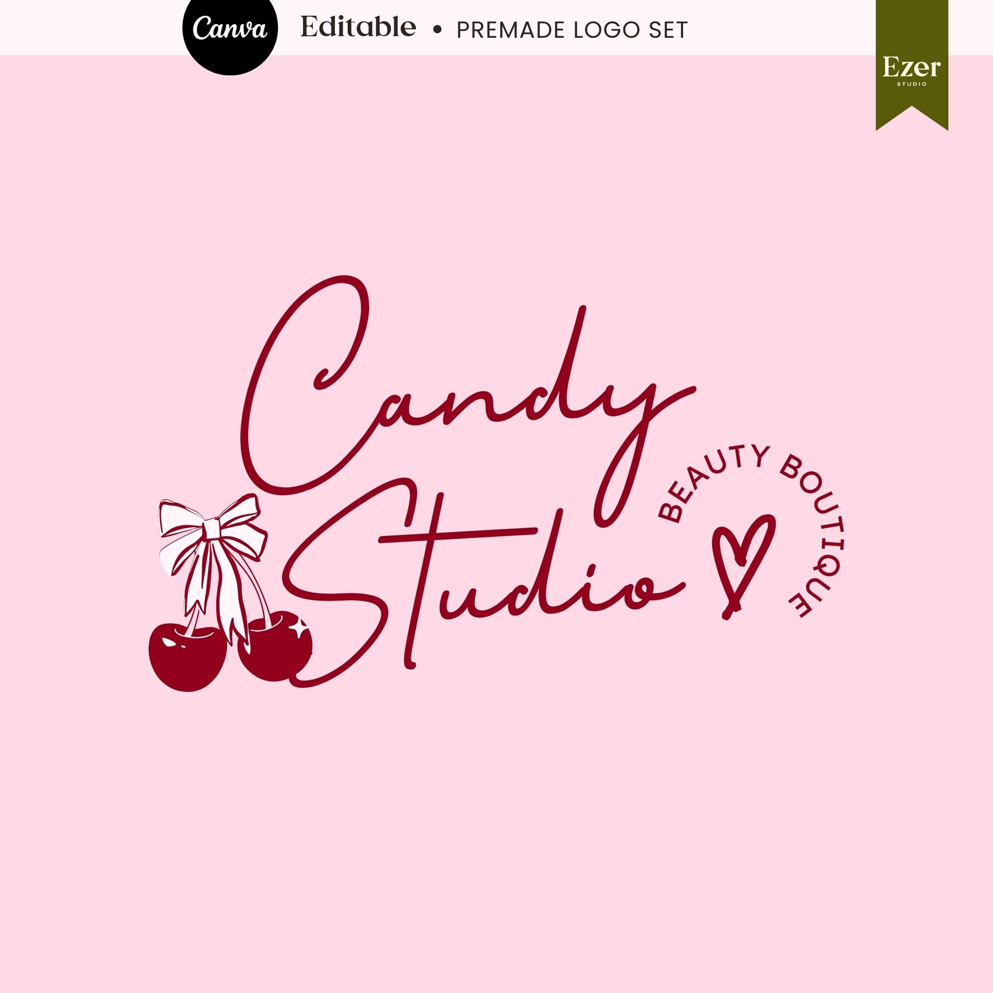 DIY Pink Cherry Logo Canva Template | Editable Coquette Logo | Red Pink ...