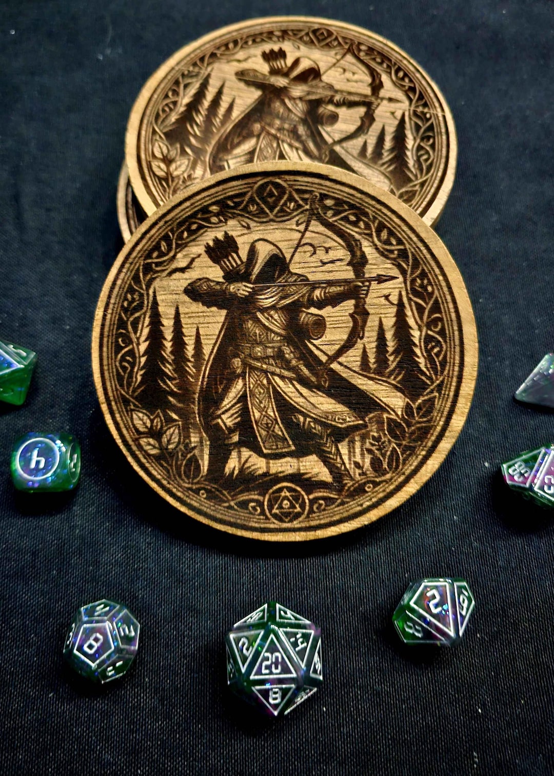 Set of Four Wooden Ranger Coasters Round Fantasy Coasters for Dnd ...