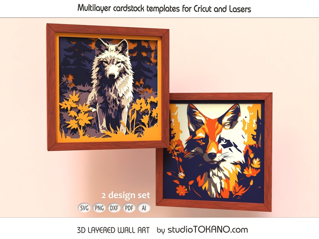 3D Layer SVG Set! Multilayer Woodland Wolf + Fox Shadow Box. Standard ...