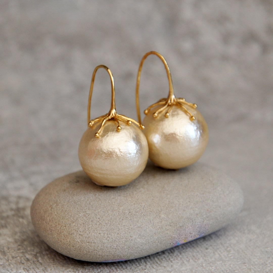 Large Gold Pearl Earrings – Statement Dangle Design With Cotton Pearls ...
