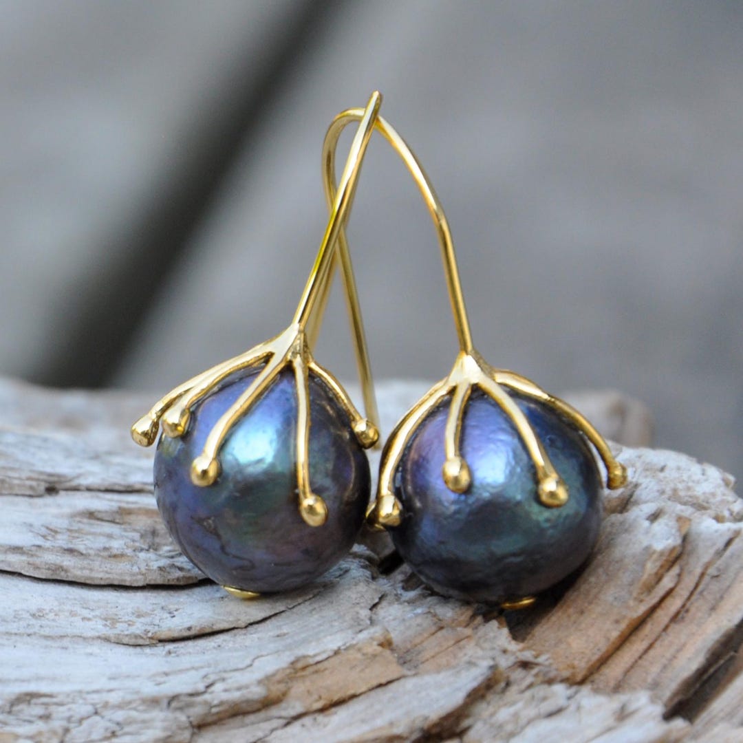 Botanical Pearl Drop Earrings • 18K Gold Plated Sterling Silver • 1003 ...