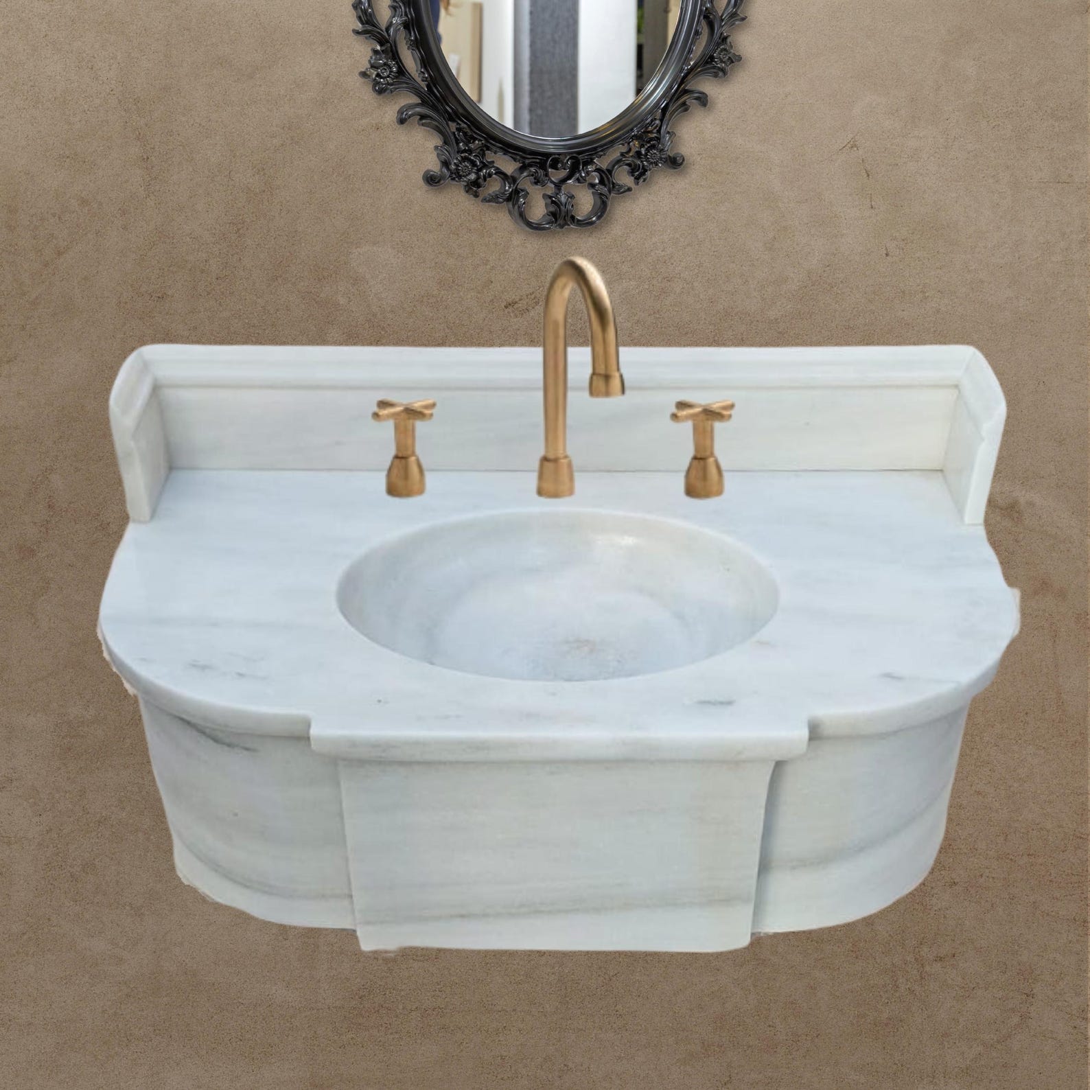 Classical Formed Polished Carrara White Marble Wall Mount Sink With Backsplash, Rustic Bathroom ...