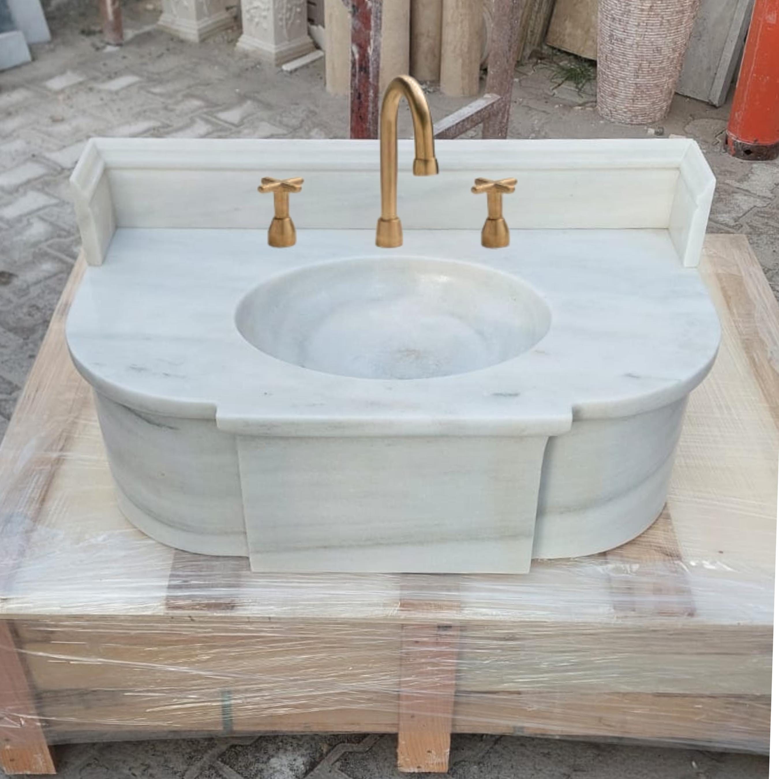 Classical Formed Polished Carrara White Marble Wall Mount Sink With Backsplash, Rustic Bathroom ...