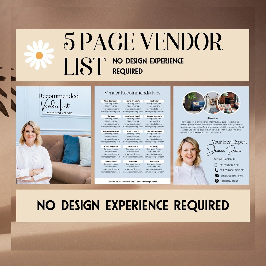 5 Page Vendor Recommendation List, Canva Template, Agent Vendor List ...