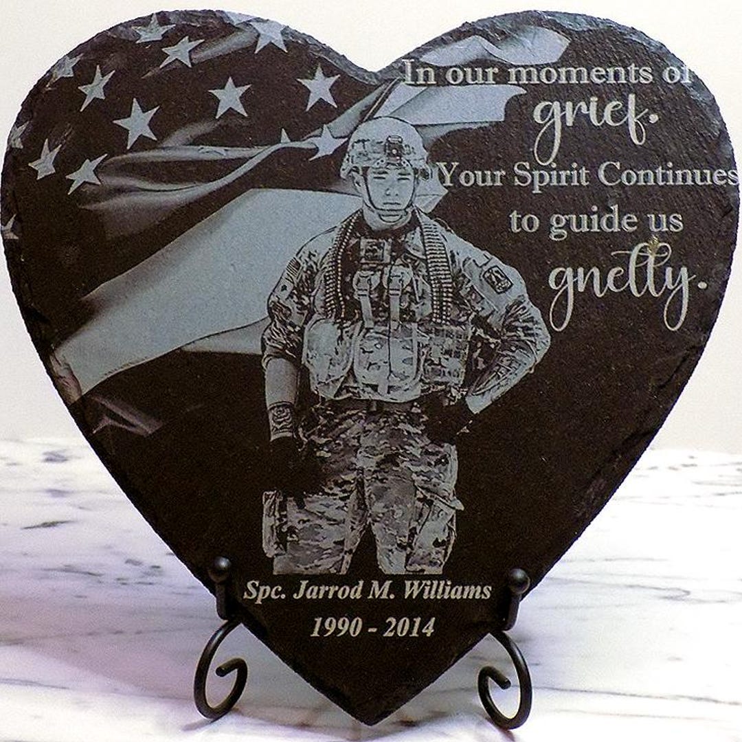 Soldier Memorial Engraved Slate Heart, Photo Engraved, Fallen Hero ...
