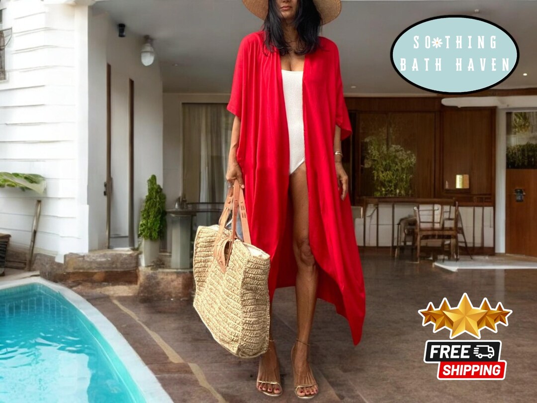 Women's Red Cover-up Kimono | Boho Summer Swimsuit Cape | Lightweight ...