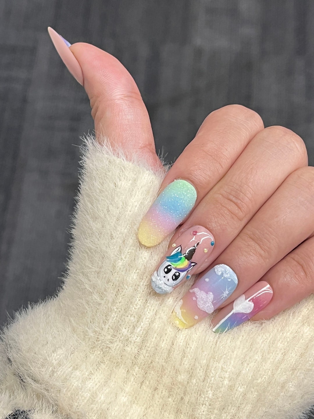 Hand-painted Rainbow Color Gradients Cute Little Unicorn Nails Art ...